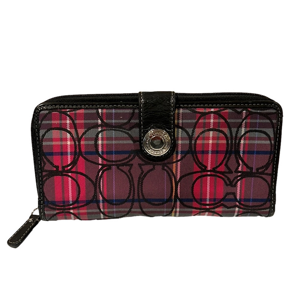 Coach | Bags | Coach Black And Pink Plaid Long Zippy Wallet Euc | Poshmark